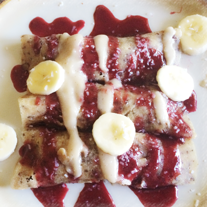 Vegan Crepes with Peach-Ginger Sake Bananas and Raspberry Coulis ...